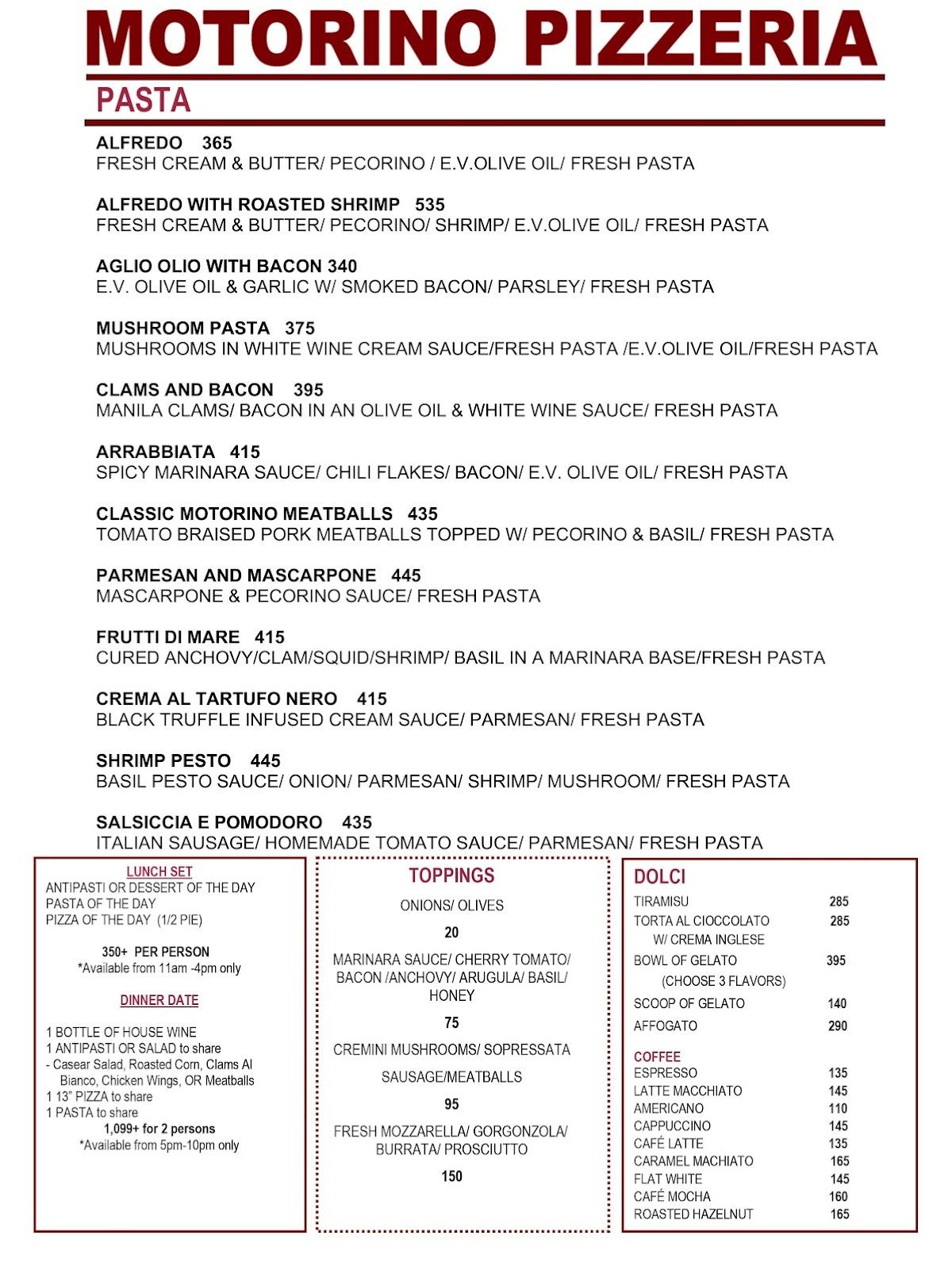 Menu at Motorino Pizza - Greenbelt pizzeria, Makati