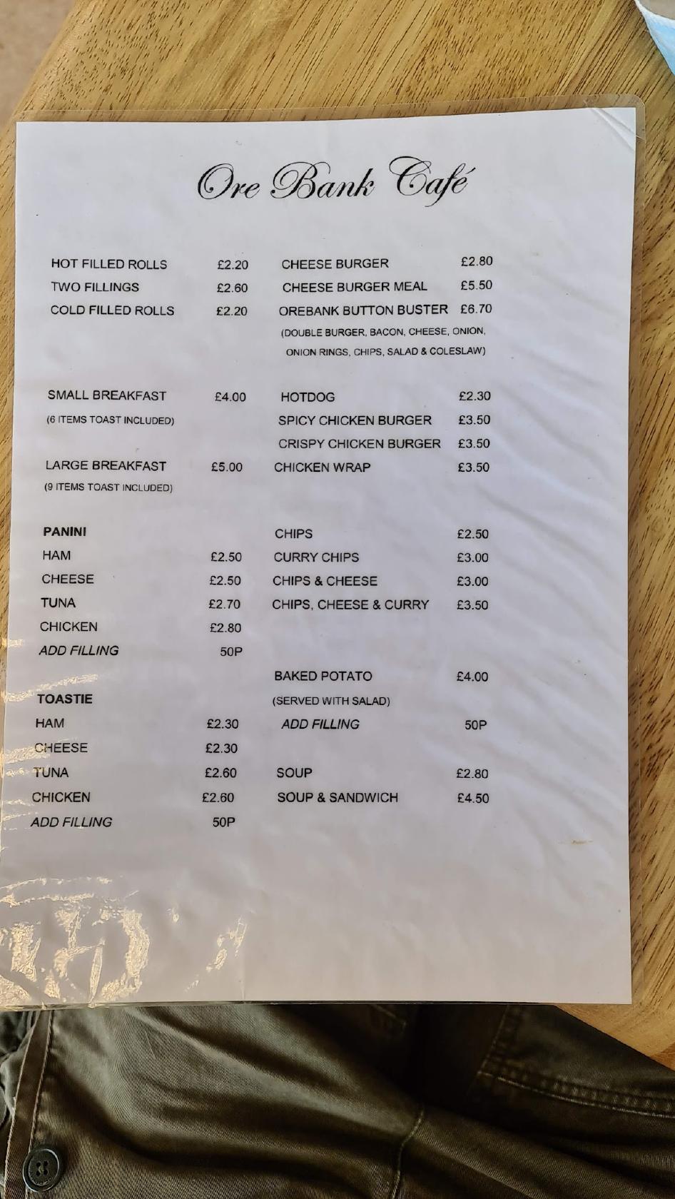 Menu at Ore-Bank Cafe, Lochgelly