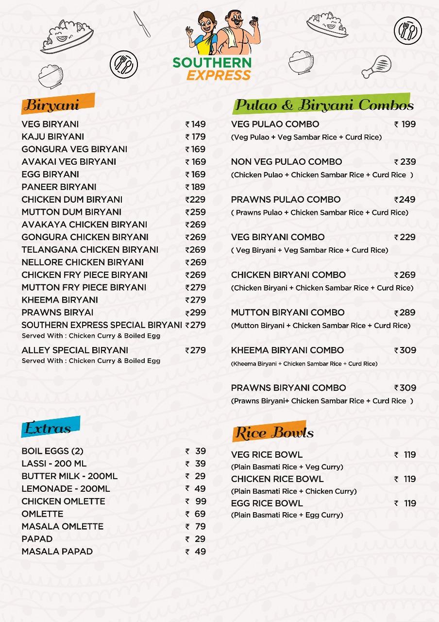 Menu at Southern Express, The Alley, Hyderabad