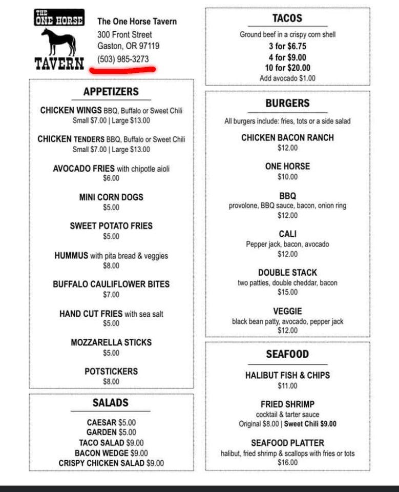 Menu at The One Horse Tavern pub & bar, Gaston