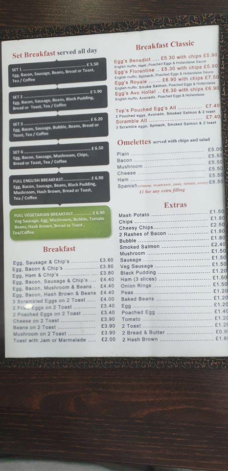 Menu at Top’s Cafe, Hornchurch