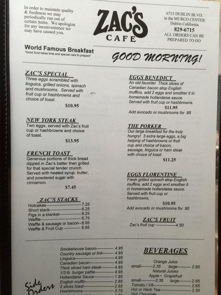 Menu at Zac's Cafe, Dublin