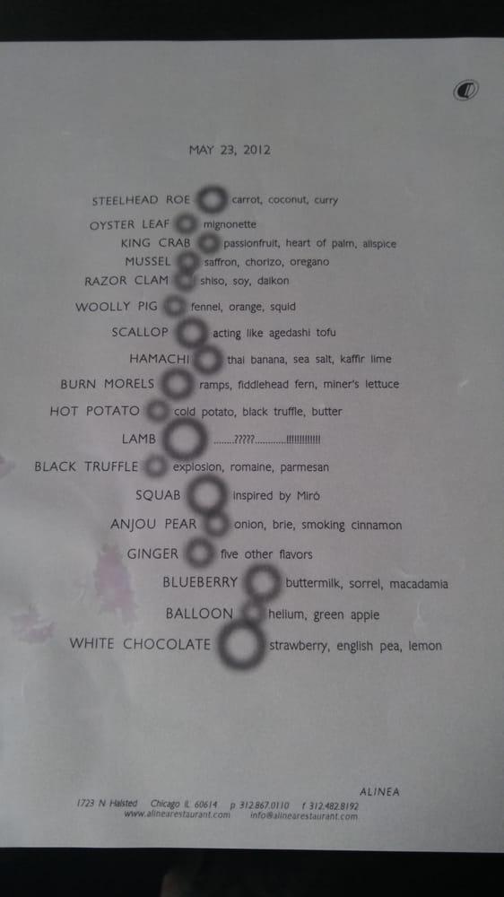 Menu at Alinea restaurant, Chicago