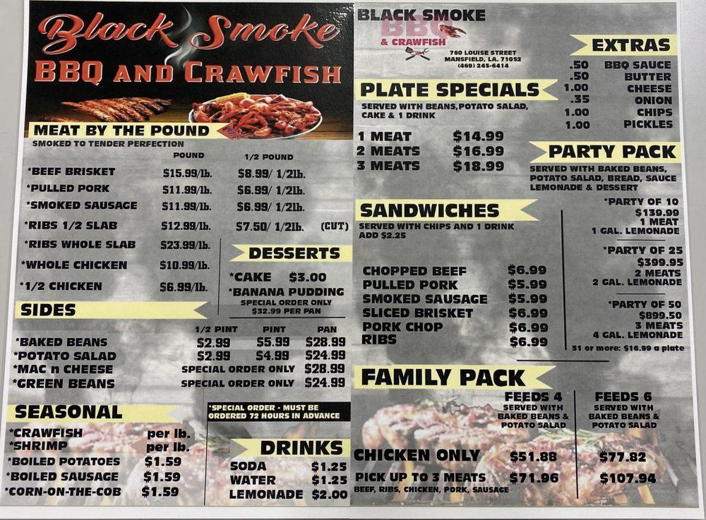 Menu at Black Smoke BBQ & Crawfish, Mansfield