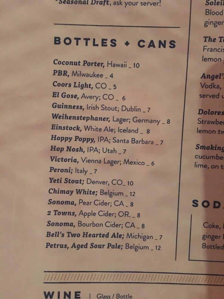 Carta de Edendale Restaurant and Bar, Los Angeles