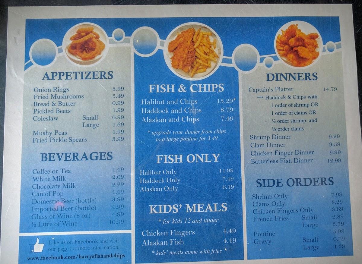 Menu at Harry's Fish & Chips restaurant, Hamilton