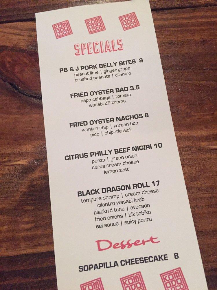 Menu at Komodo Loco restaurant, Denton