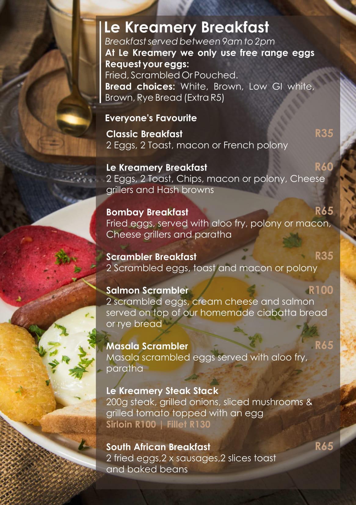 Menu at Le Kreamery restaurant, Centurion, Eldo Square Shopping Centre