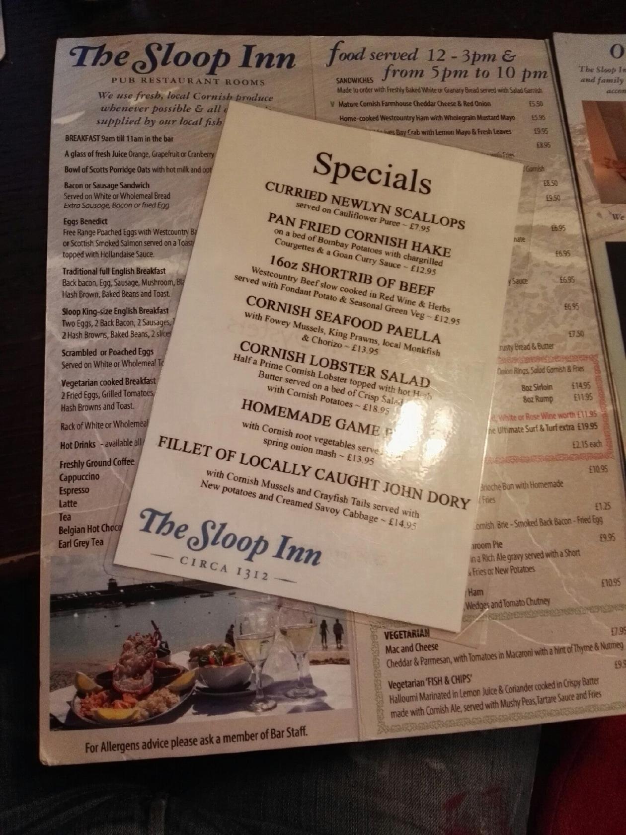 Menu at Sloop Inn pub & bar, Saint Ives