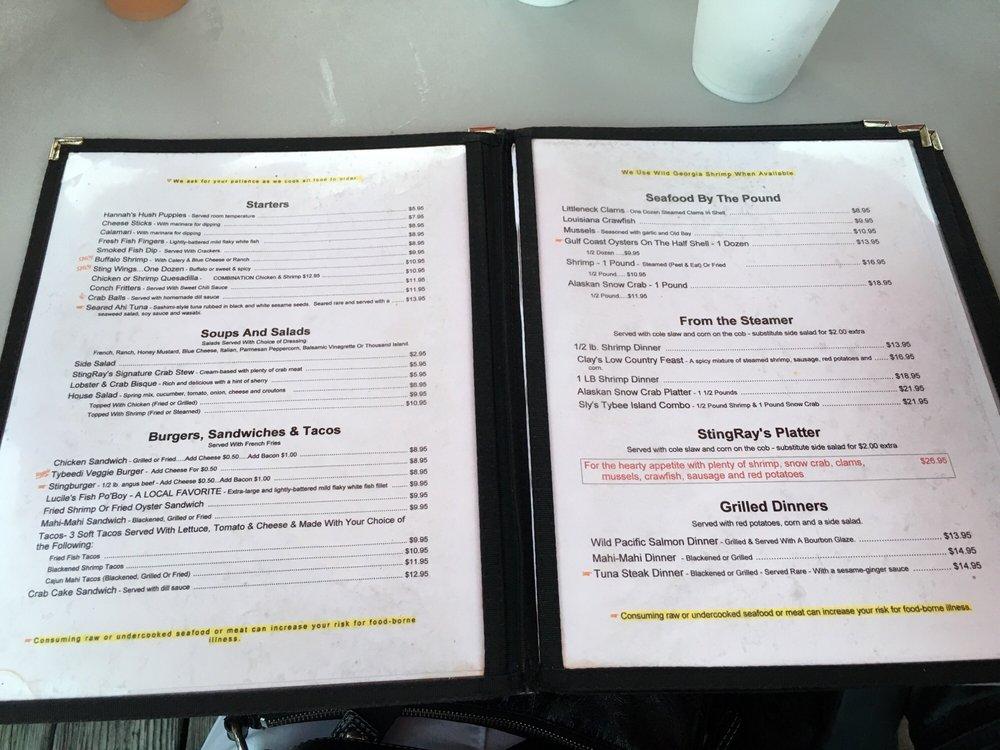 Menu at Sting Ray's Seafood pub & bar, Tybee Island