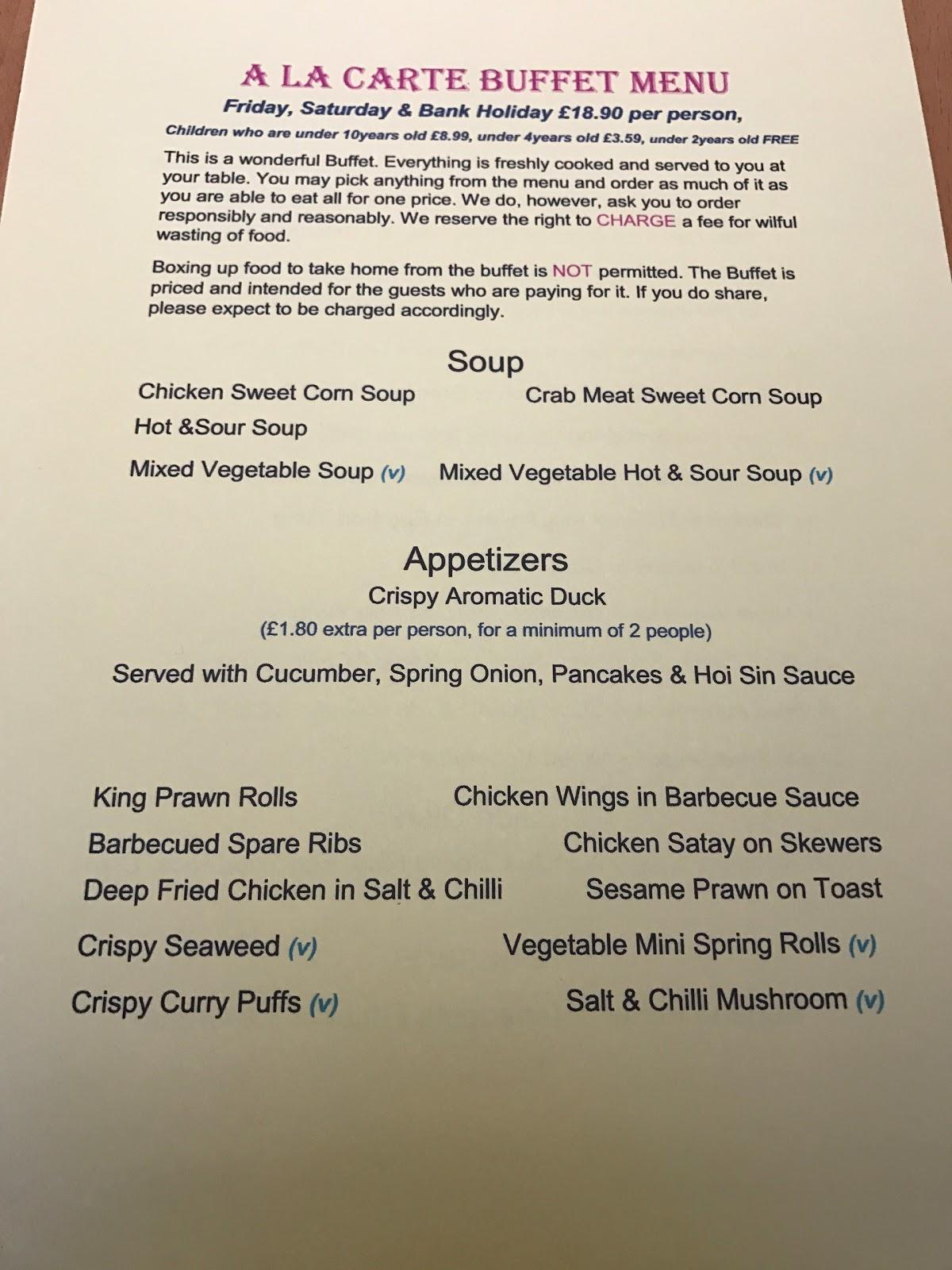 Menu at The Orient restaurant, Rowlands Gill
