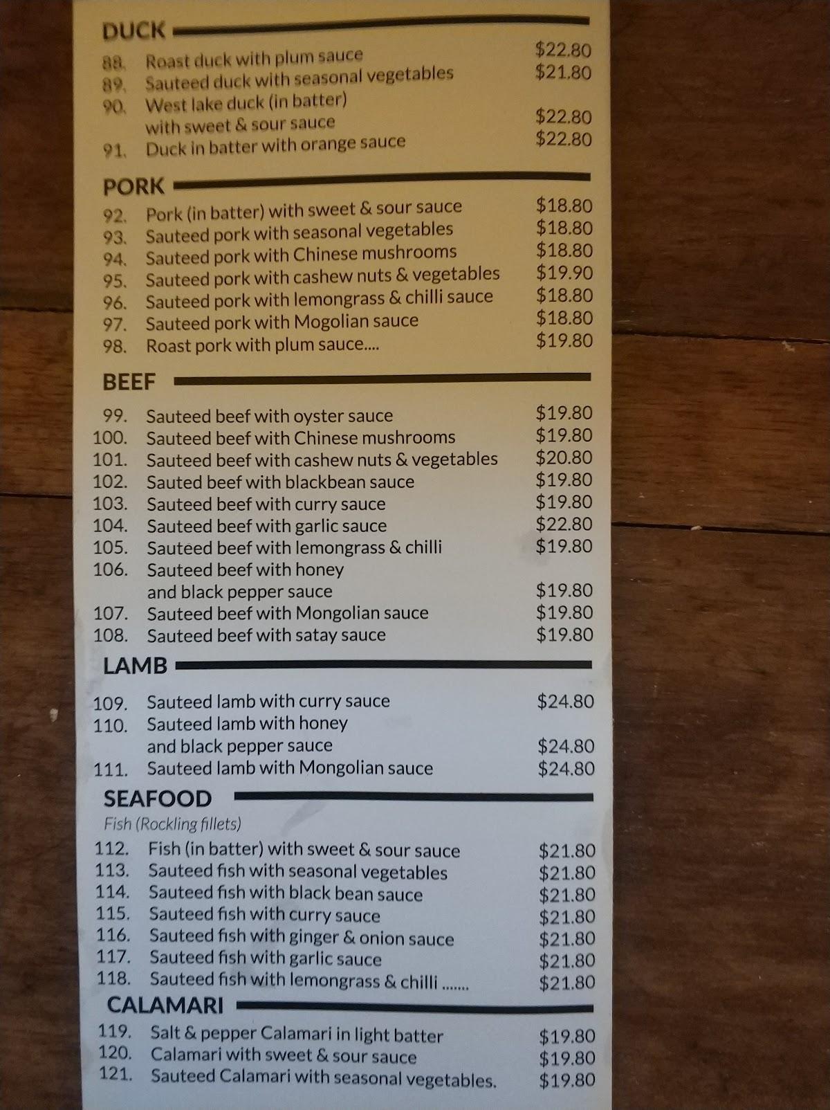 Menu at Tuong Long Vietnamese restaurant, Surrey Hills