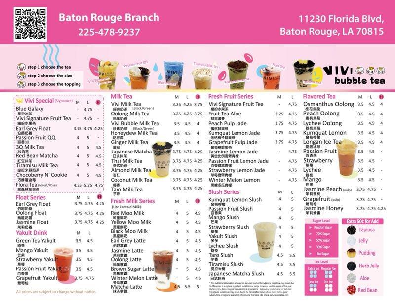 Carta del pub y bar Vivi Bubble Tea, Baton Rouge
