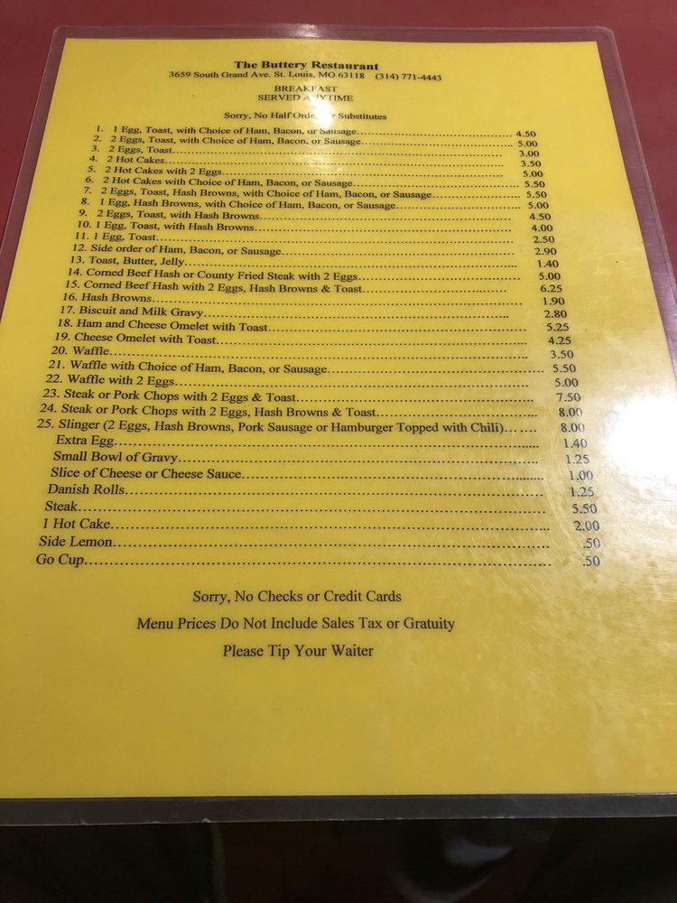 Menu at Buttery Restaurant, St. Louis