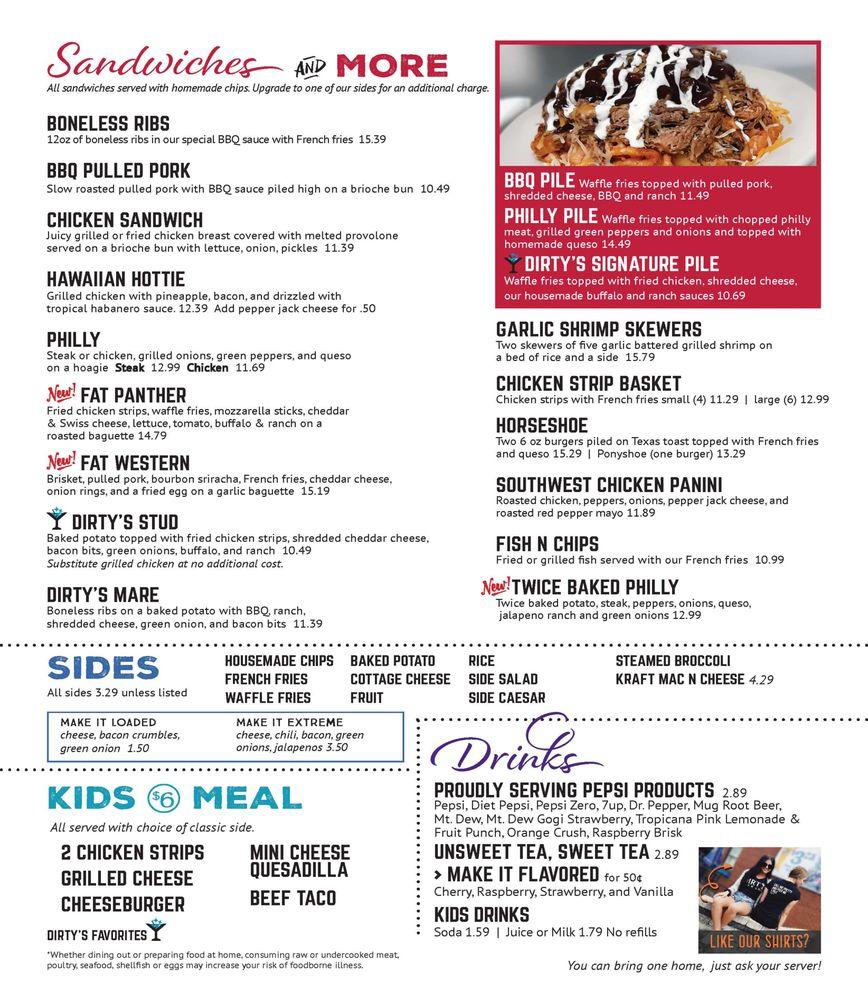 Menu at Dirty's Bar & Grill, Charleston