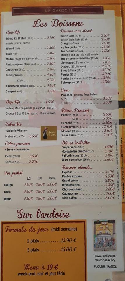 Menu at La Gargote restaurant, Plouër-sur-Rance