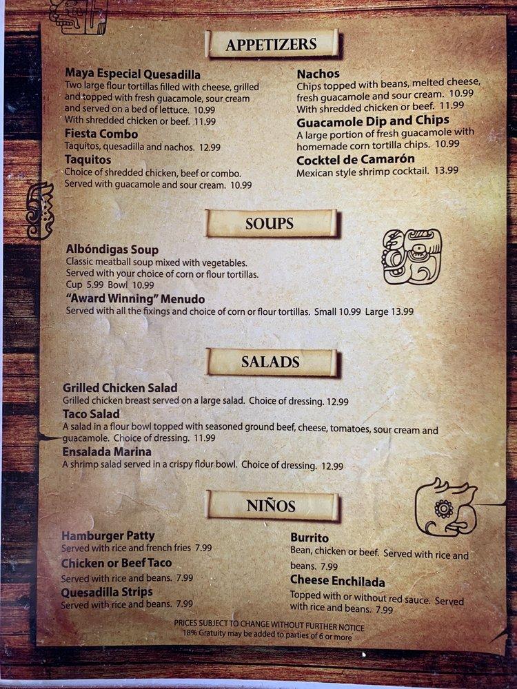 Menu at Maya Restaurant, Morro Bay, 560 Embarcadero