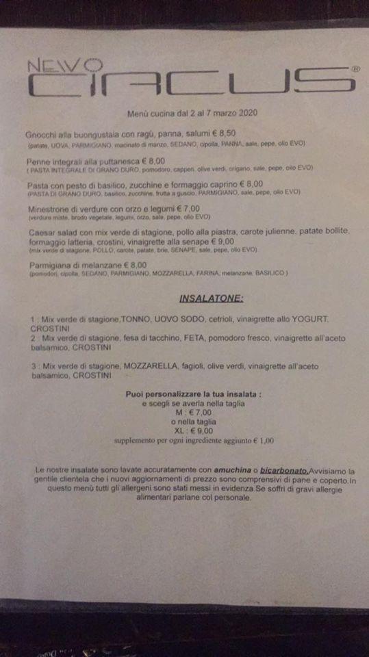 Menu at New Circus pub & bar, Trieste