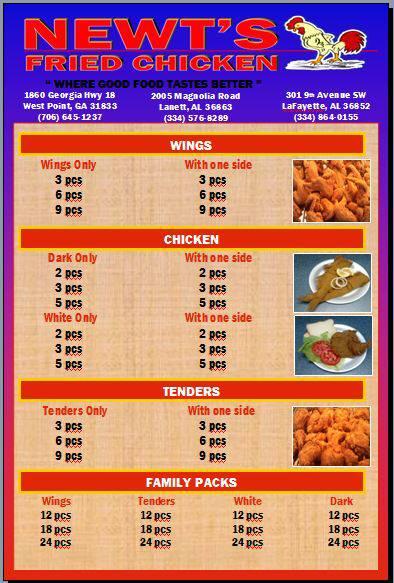 Carta del restaurante Newt's Fried Chicken, West Point
