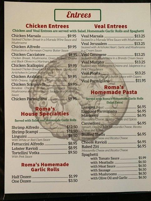 Menu at Roma's Pizza pizzeria, Pottsboro