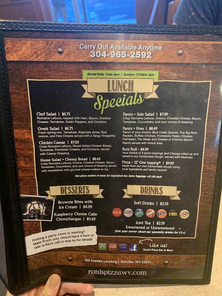 Menu at Roni's Pizza Bar, Elkview, Frame Rd
