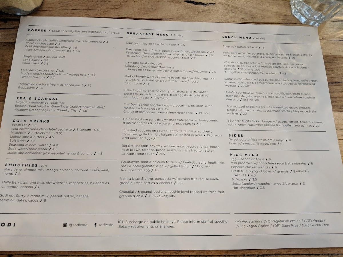 Menu at Sodi Cafe, Geelong West