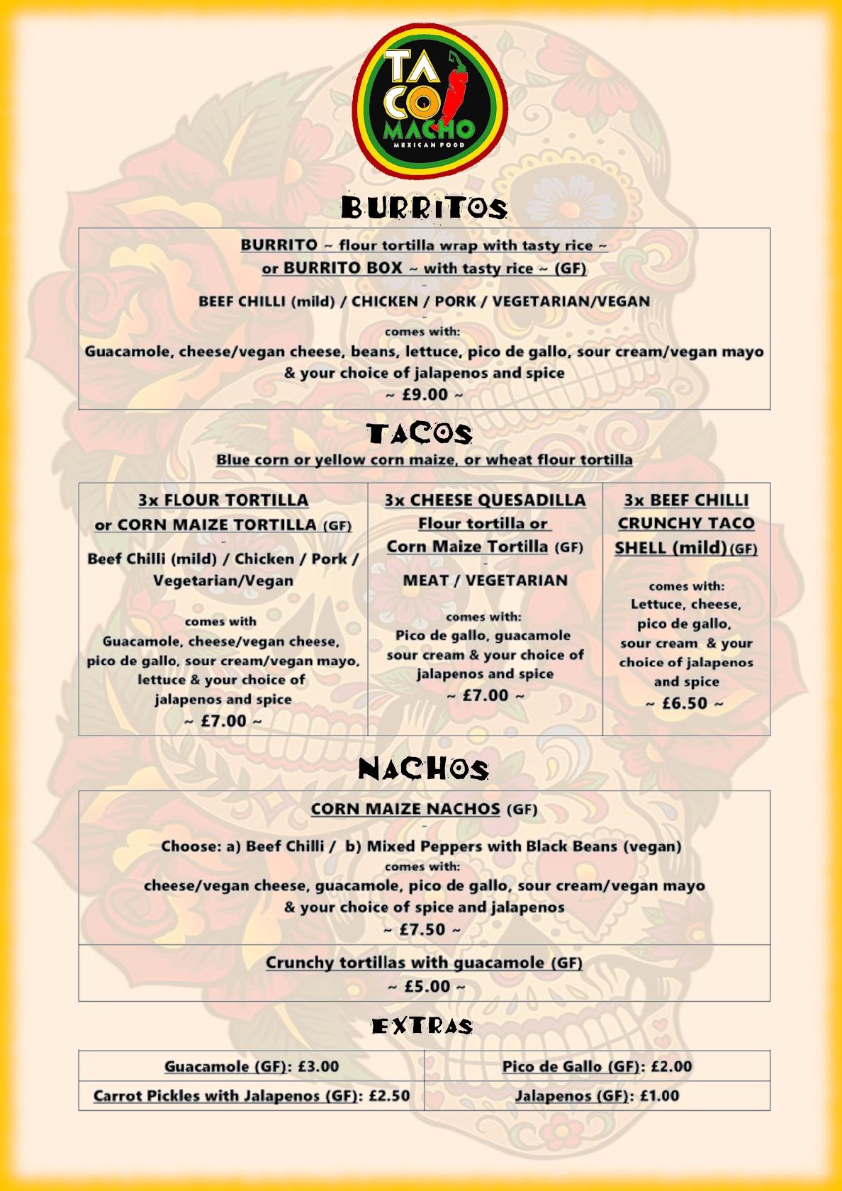Menu at Taco-Macho (Mexican Food) restaurant, Exeter