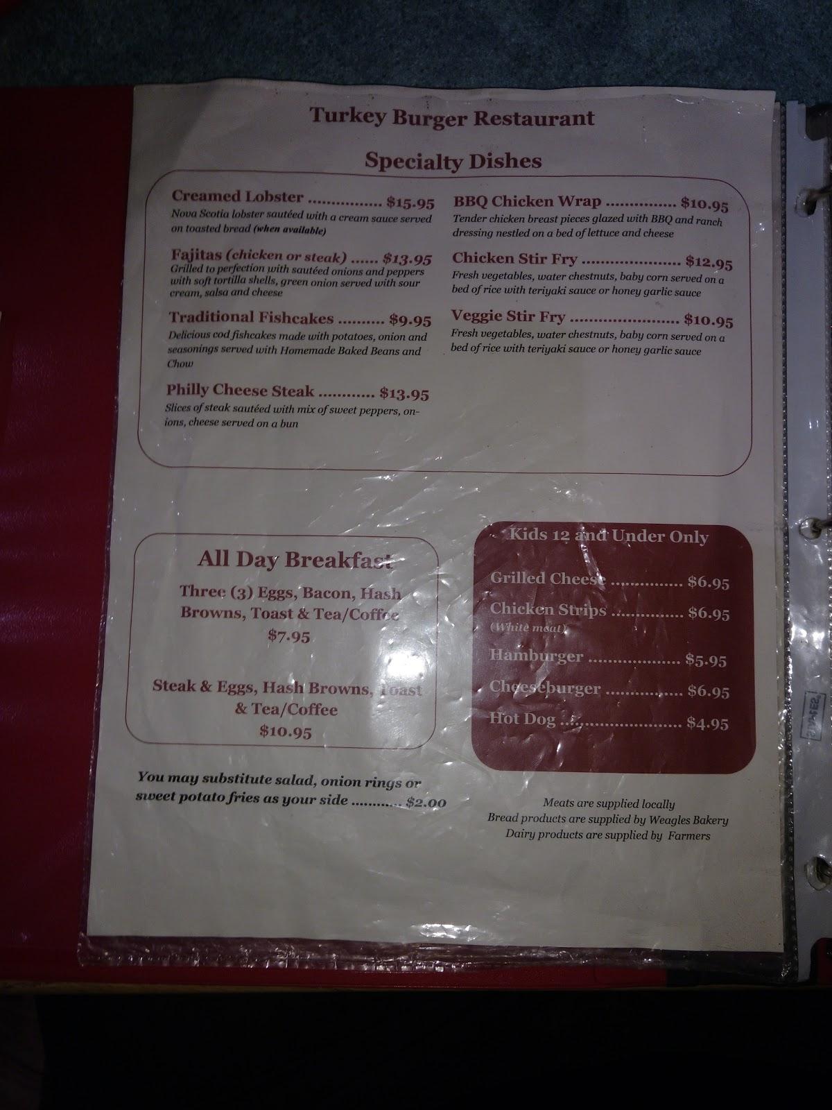 Menu at Turkey Burger restaurant, Bridgewater, Nova Scotia Trunk 10