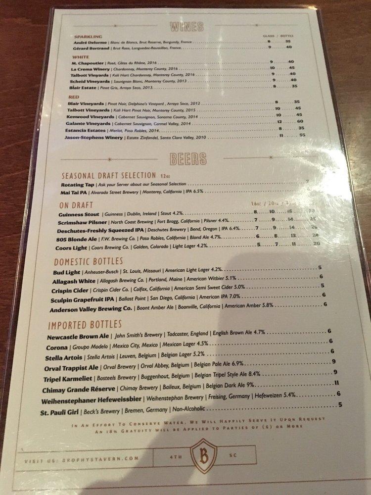 Menu at Brophy's Tavern pub & bar, Carmel-by-the-Sea