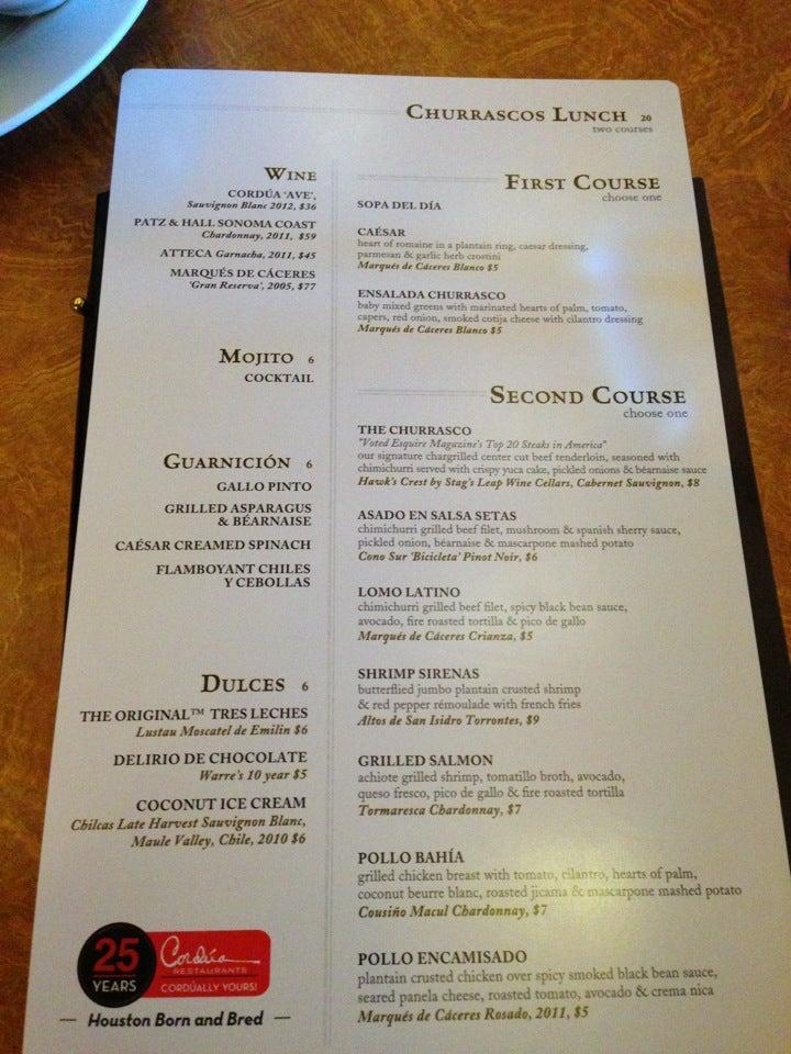 Menu at Churrascos restaurant, Houston, 2055 Westheimer Rd