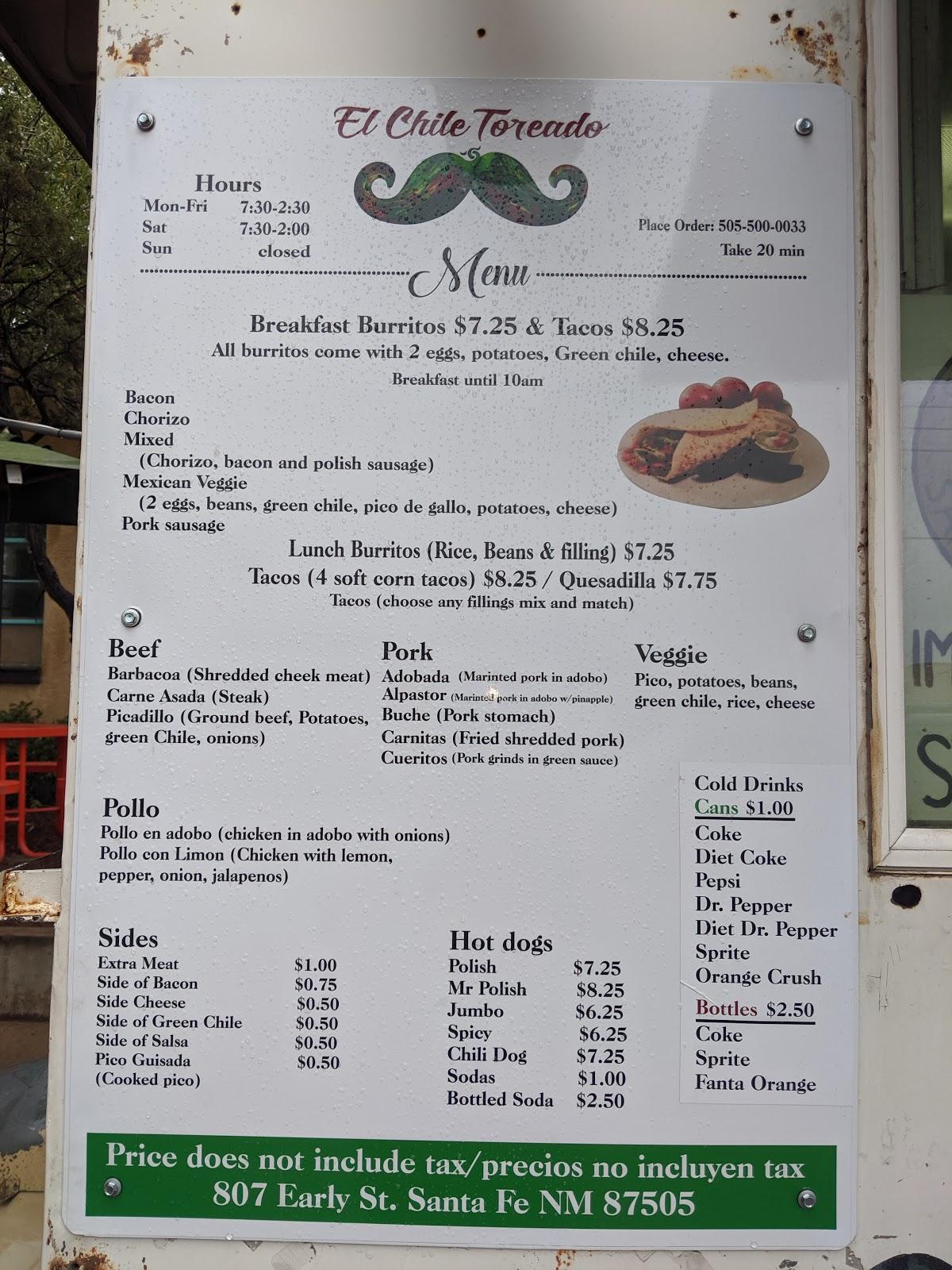Menu at El Chile Toreado fast food, Santa Fe