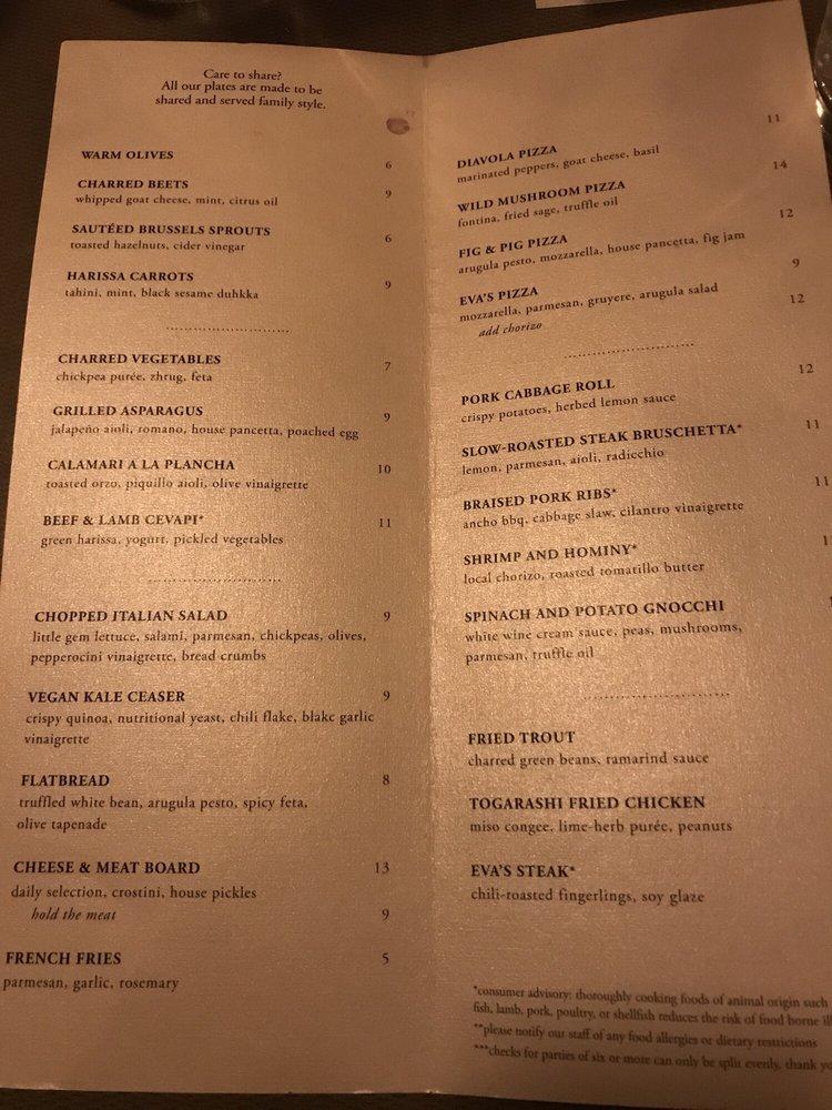 Menu at Eva desserts, Salt Lake City
