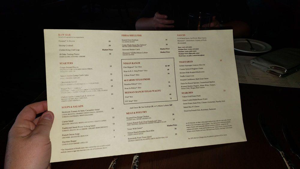 Menu at 18 Oaks steakhouse, San Antonio, Resort Pkwy