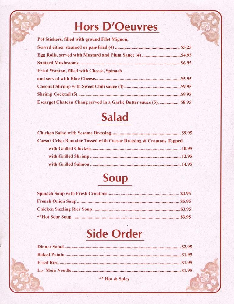 Menu at Chateau Chang steakhouse, Victorville