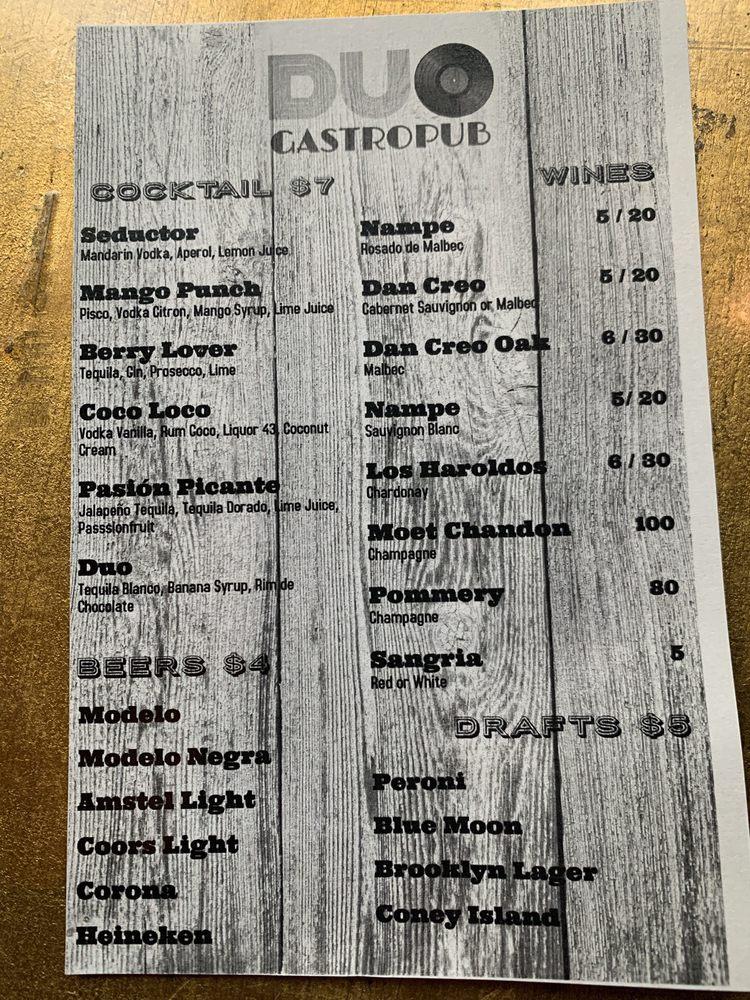 Menu at DUO Gastropub, New York City