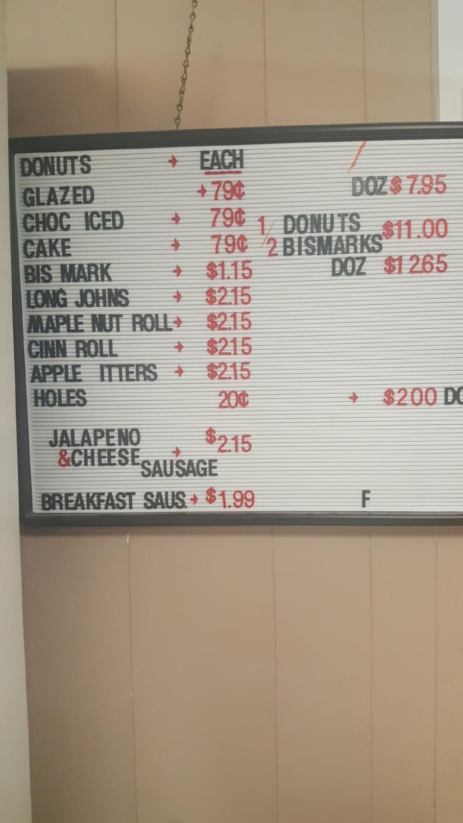 Menu at Dale's Donut Shop restaurant, Benton