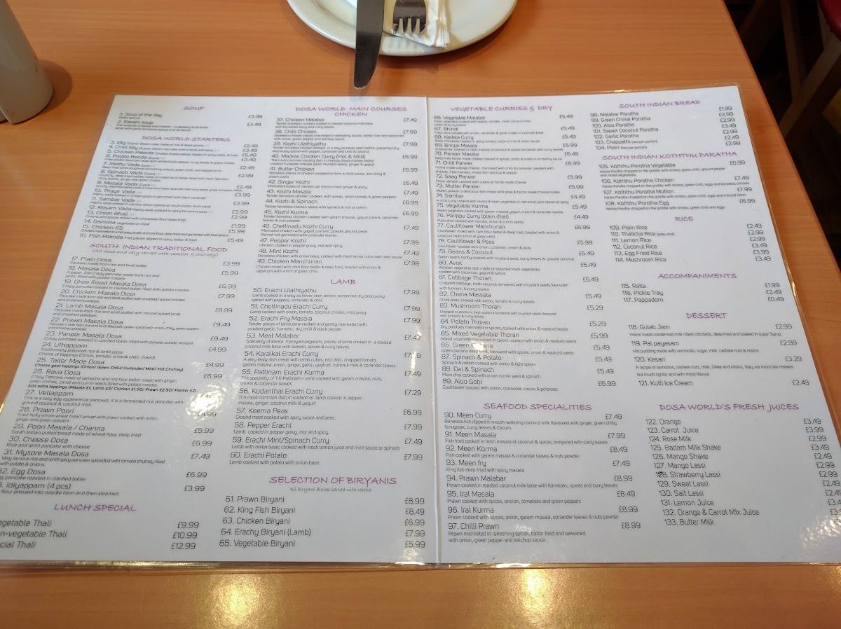 Menu at Dosa World restaurant, London