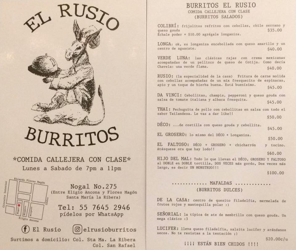 Menu at El Rusio restaurant, Mexico City