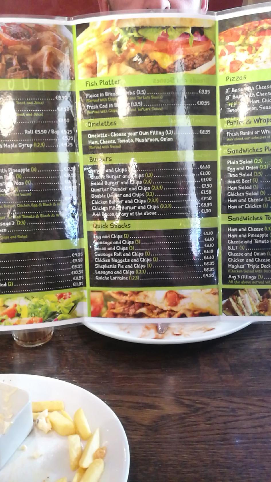 Menu at Hughes’ Coffee Shop restaurant, Carrickmacross