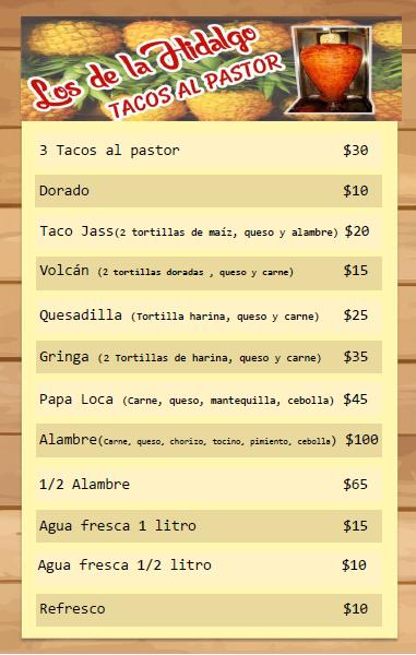 Menu at Los de la Hidalgo, Tacos al Pastor restaurant, Ciudad Obregón