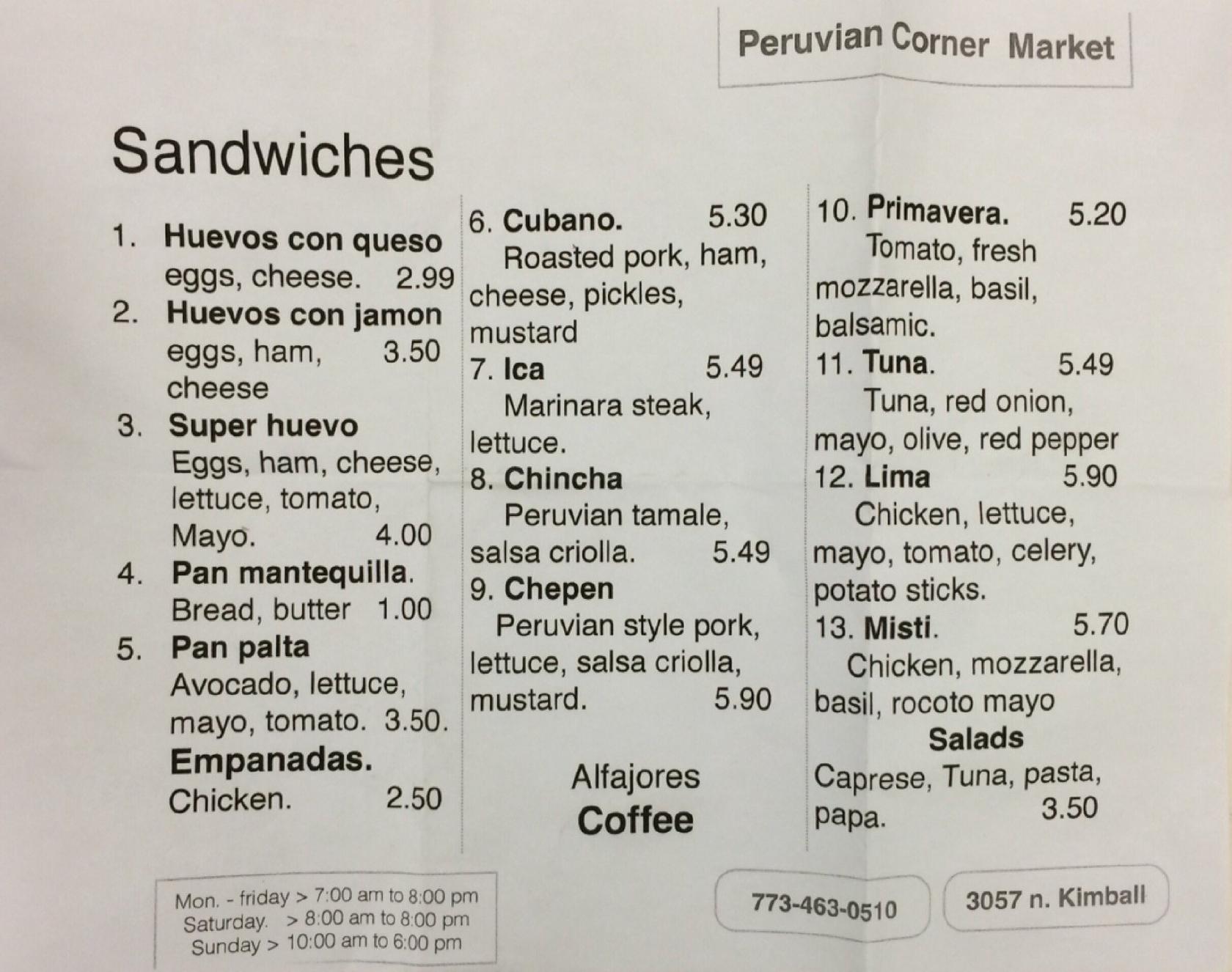 Menu at Peruvian Corner Market, Chicago