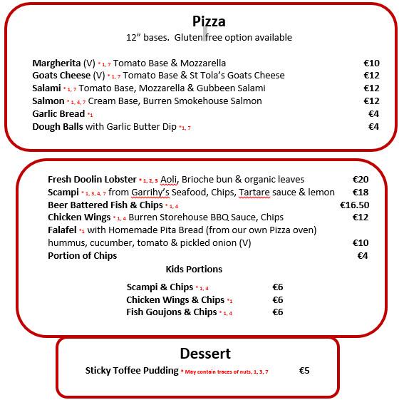 Menu at Roadside Tavern pub & bar, Lisdoonvarna, Kincora Road