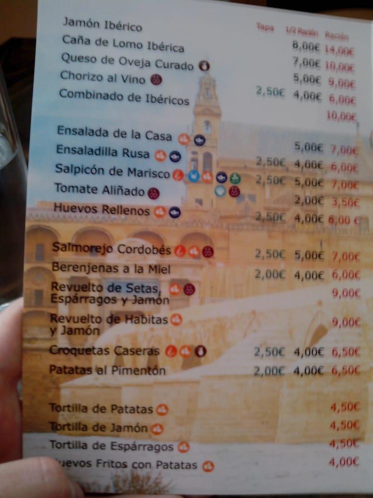 Menu at Taberna El Pimentón restaurant, Córdoba