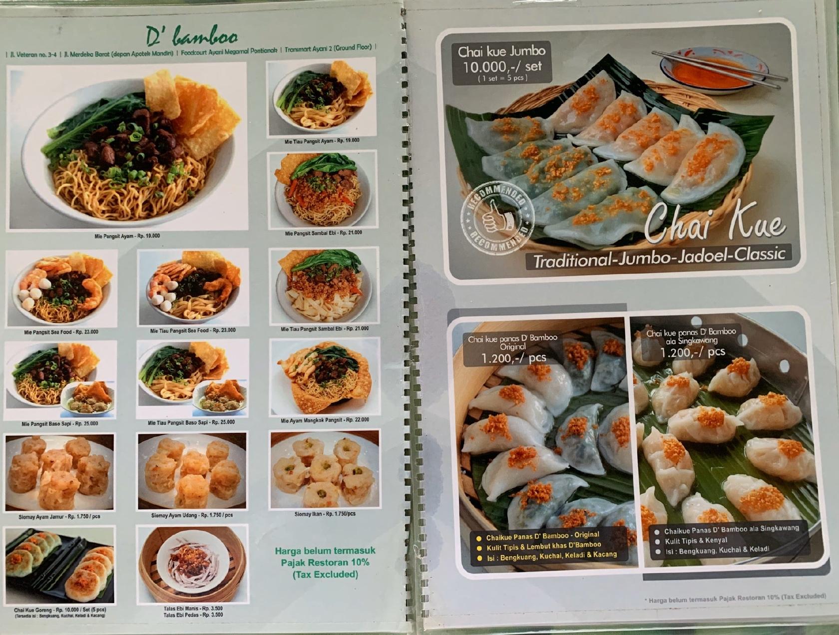 Menu at D'Bamboo Merdeka restaurant, Pontianak