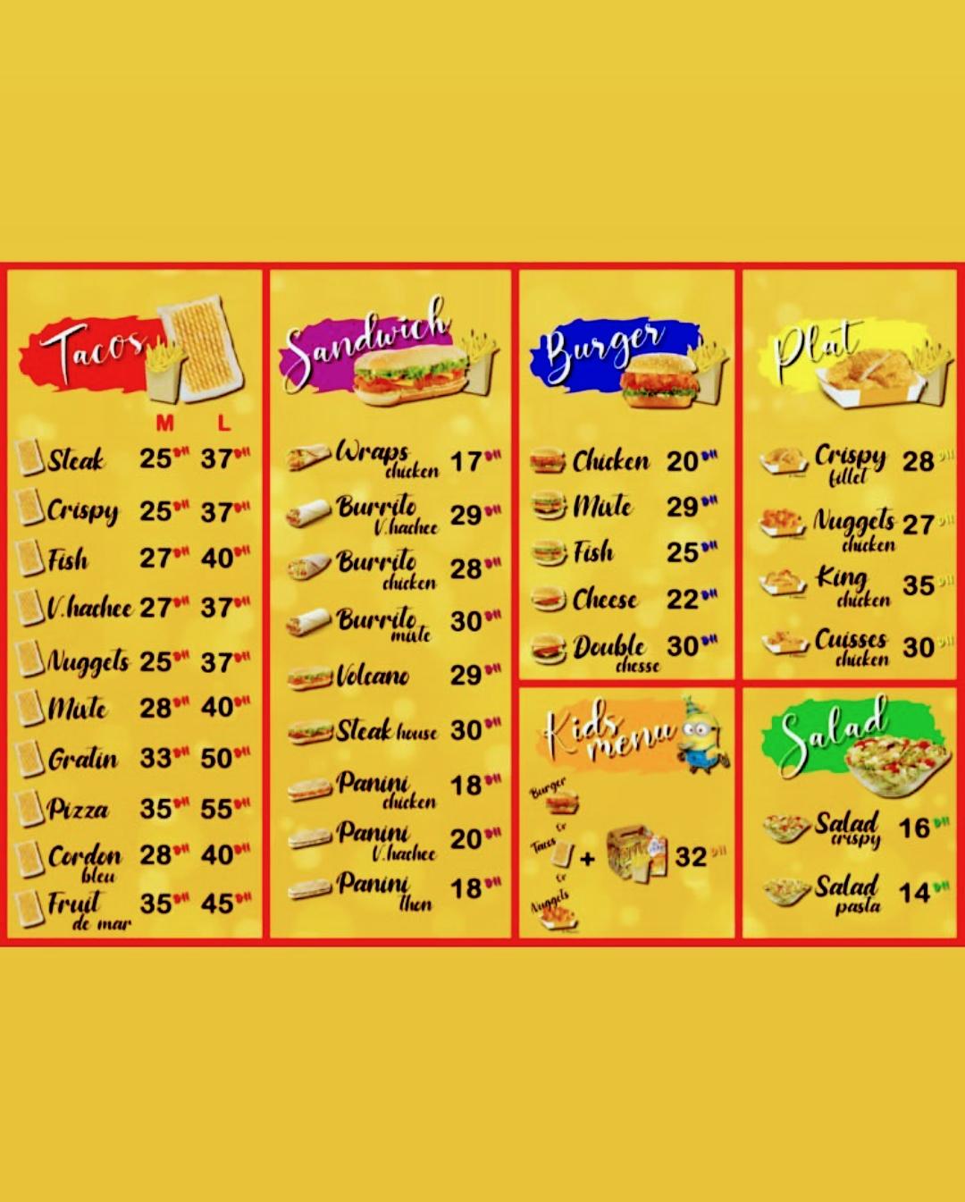 Menu at Golden Chicken restaurant, Chefchaouen