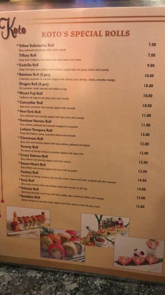 Menu at KOTO Japanese Sushi&Steak House restaurant, Clemmons