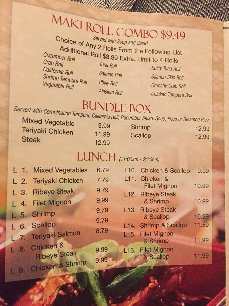 Menu at Kyoto Japanese Cuisine restaurant, Augusta