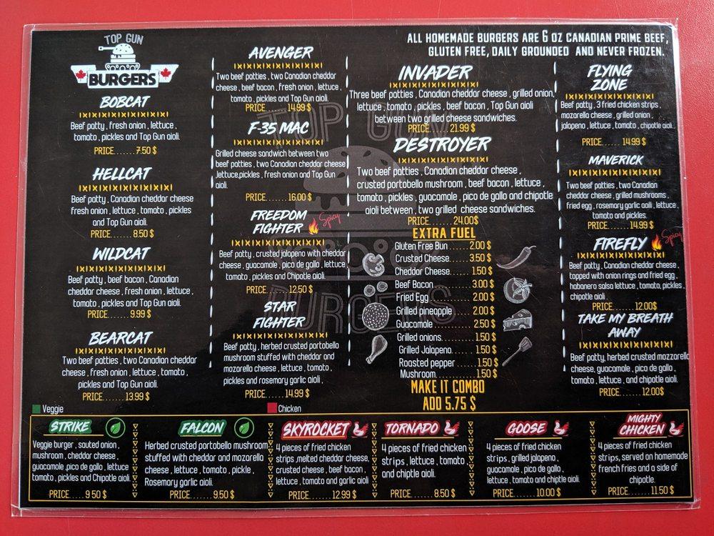 Menu at Top Gun Burger steakhouse, Toronto, Lawrence Ave E