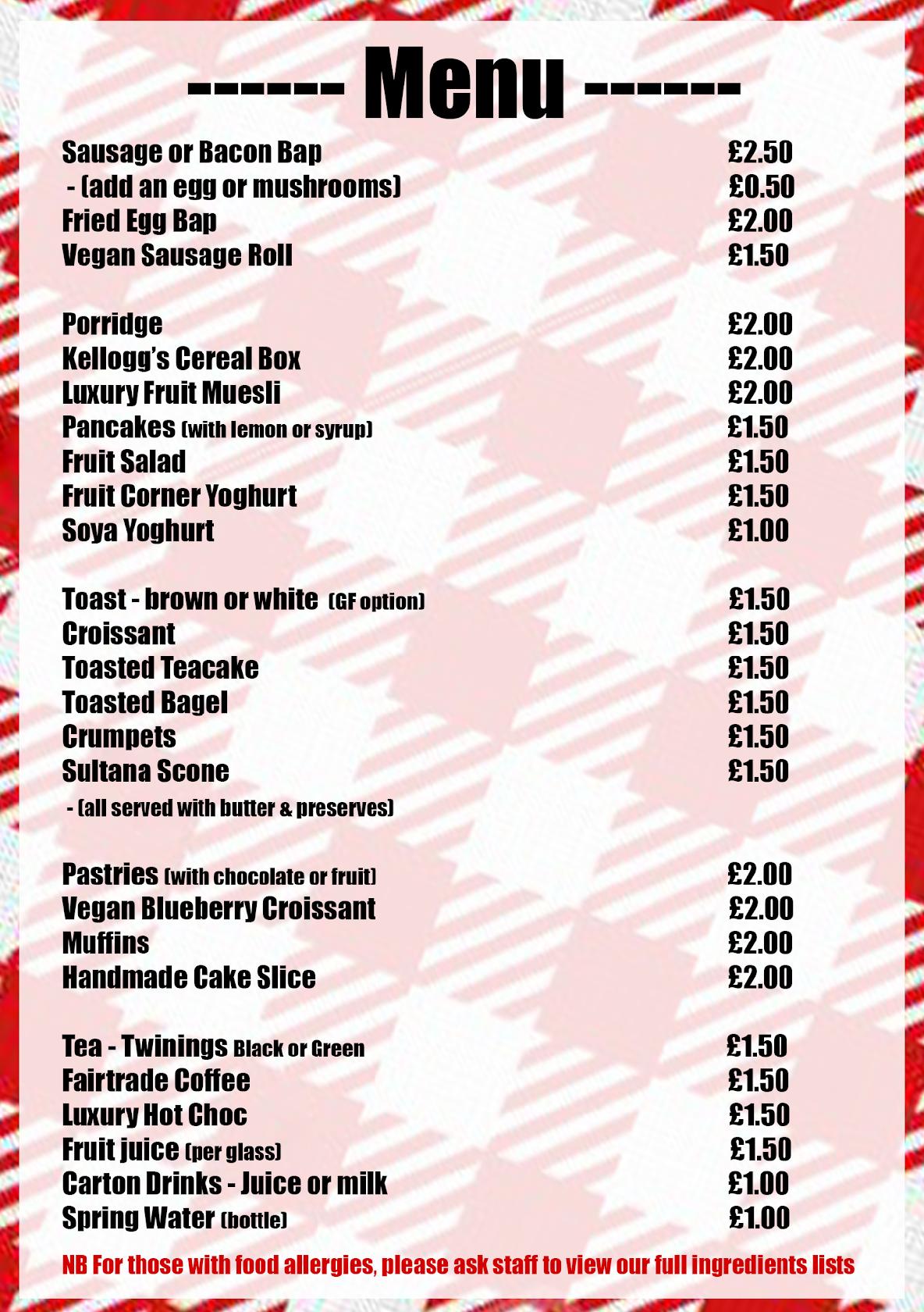 Menu at Cofton Breakfast Club, Birmingham
