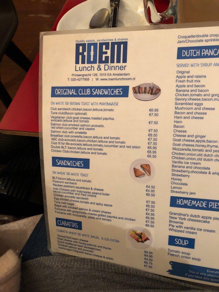 Menu at Eetcafé Roem, Amsterdam
